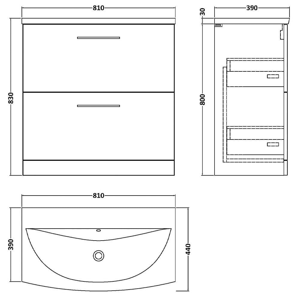 Nuie Arno 800mm 2 Drawer Freestanding Vanity Unit & Curved Basin ...